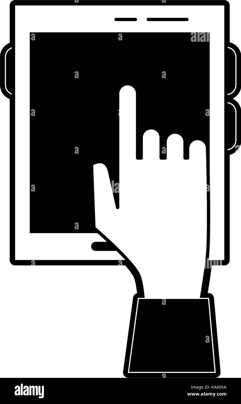 Hand touching screen device Black and White Stock Photos & Images - Alamy