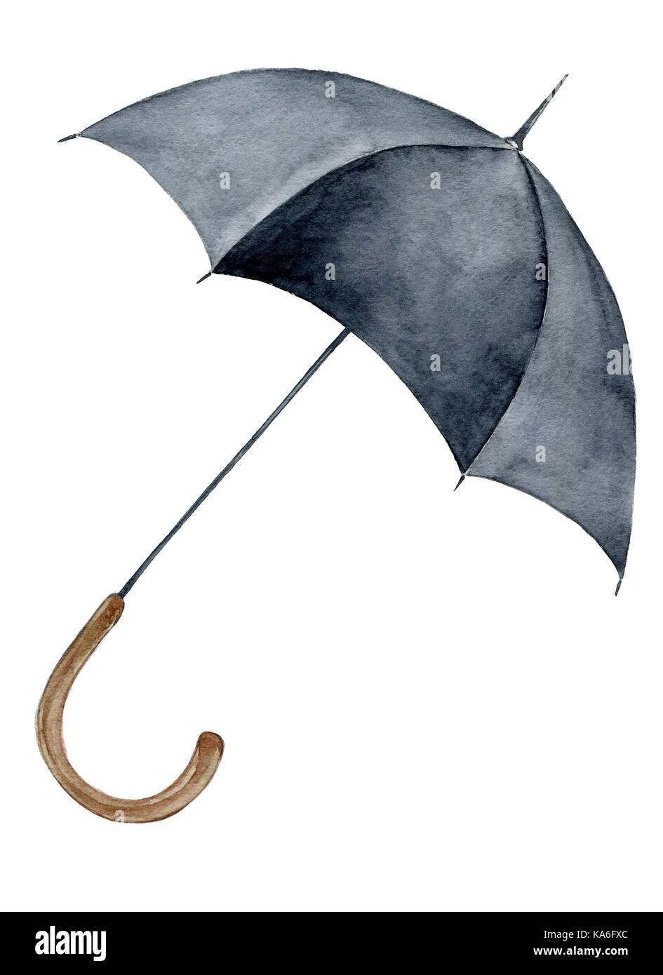 Watercolor opened black umbrella with wooden handle and sharp end Stock ...