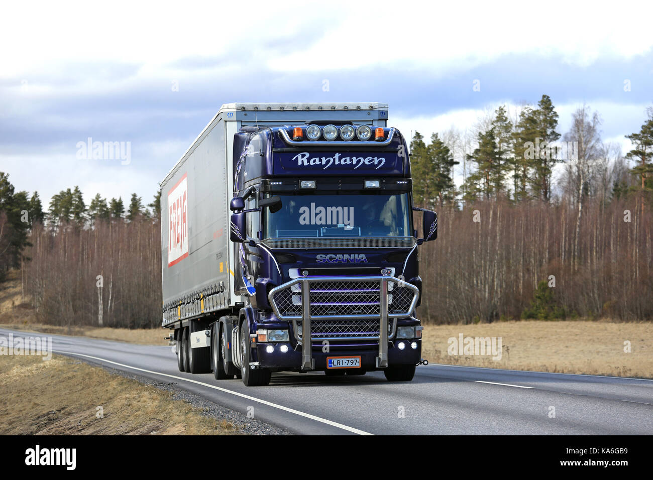 SALO, FINLAND - APRIL 21, 2017: Purple Scania R500 semi truck of JR ...