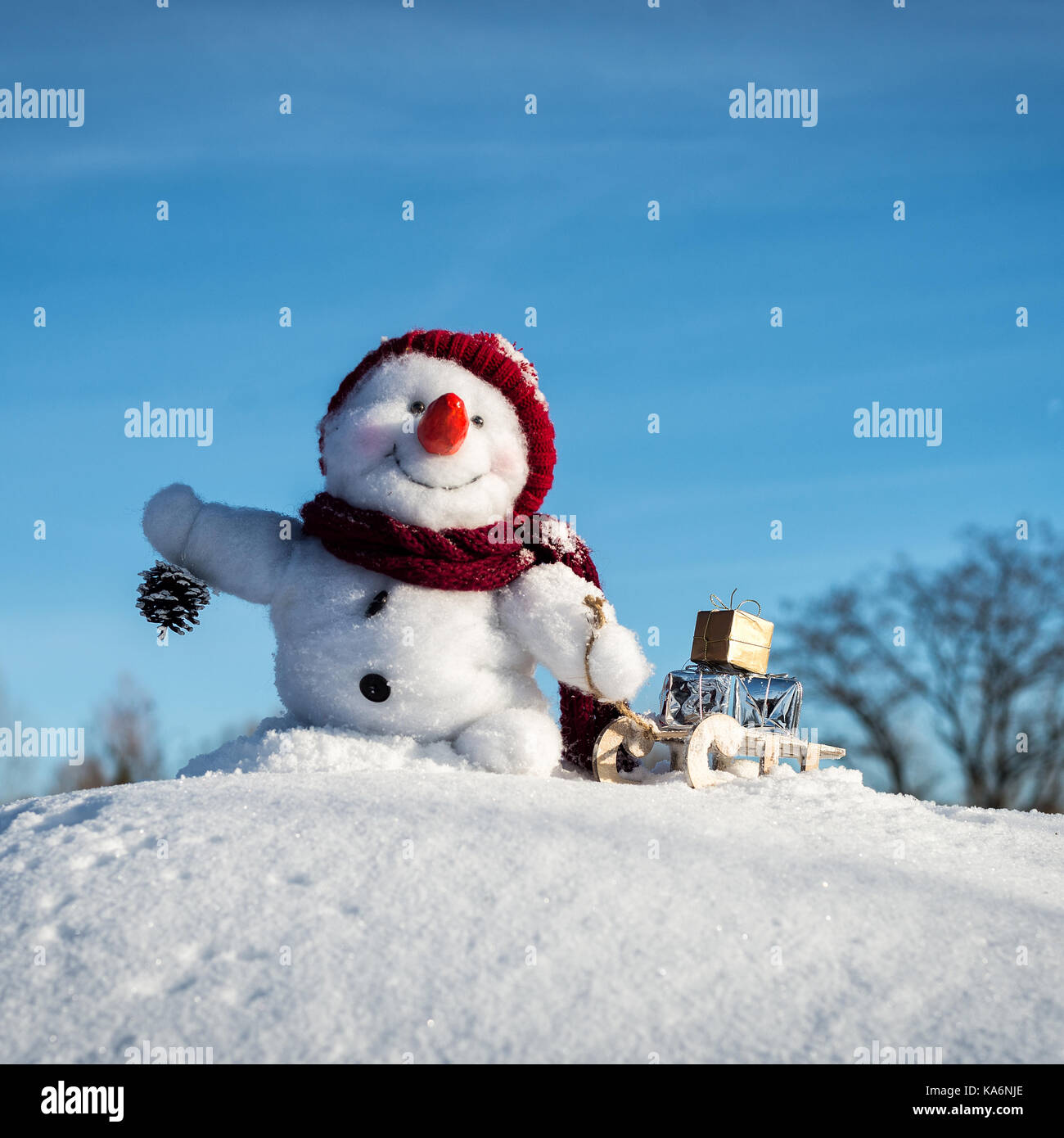Happy snowman with hat in the snow Stock Photo - Alamy