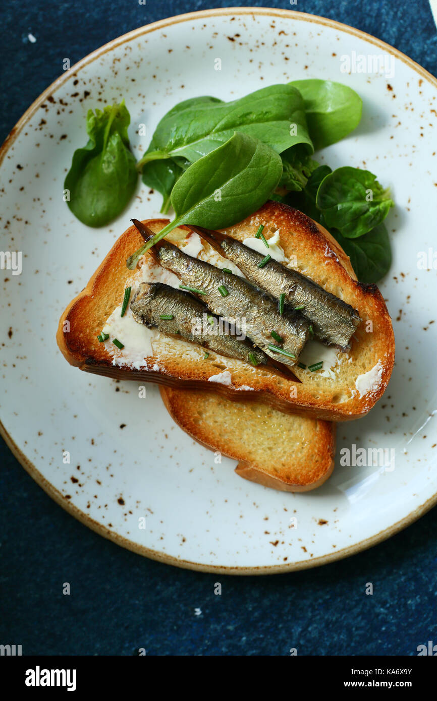 Sandwich with sardine, food top view Stock Photo - Alamy