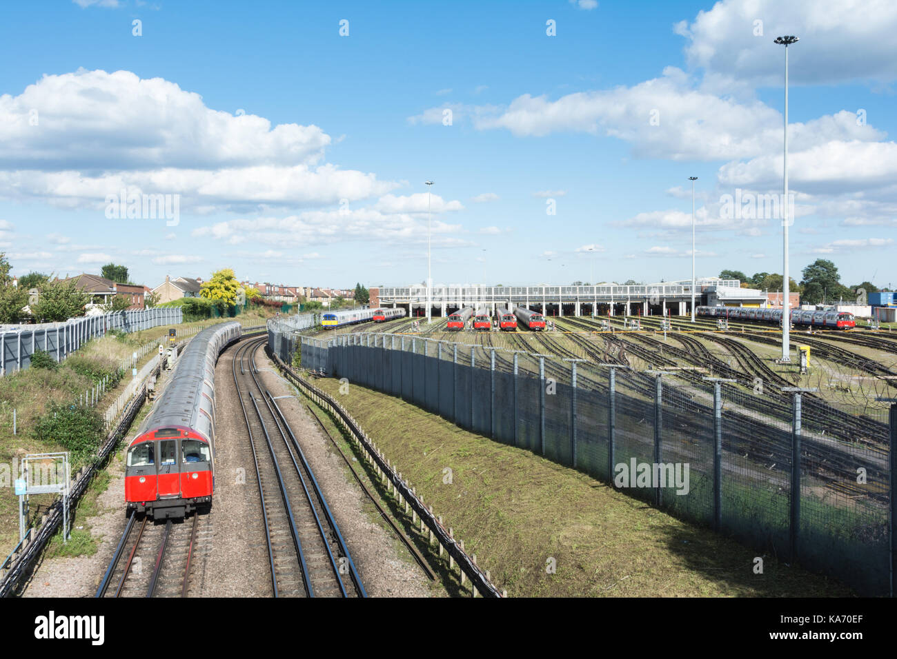 London underground trains outside Northfields Maintenance Depot, London ...