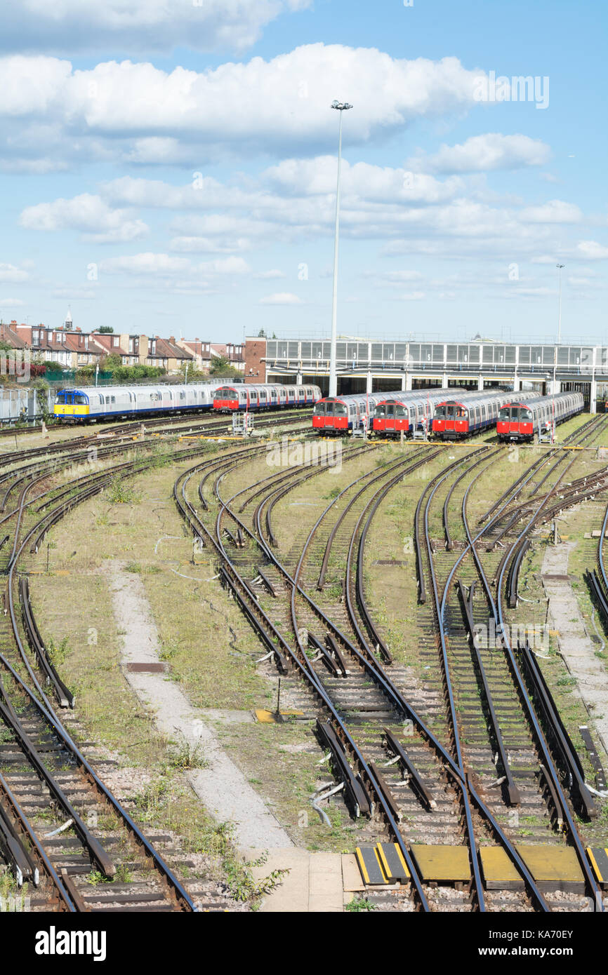London underground trains outside Northfields Maintenance Depot, London ...