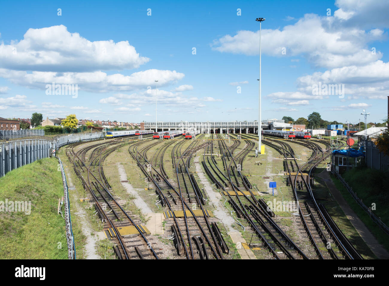 London underground trains outside Northfields Maintenance Depot, London ...