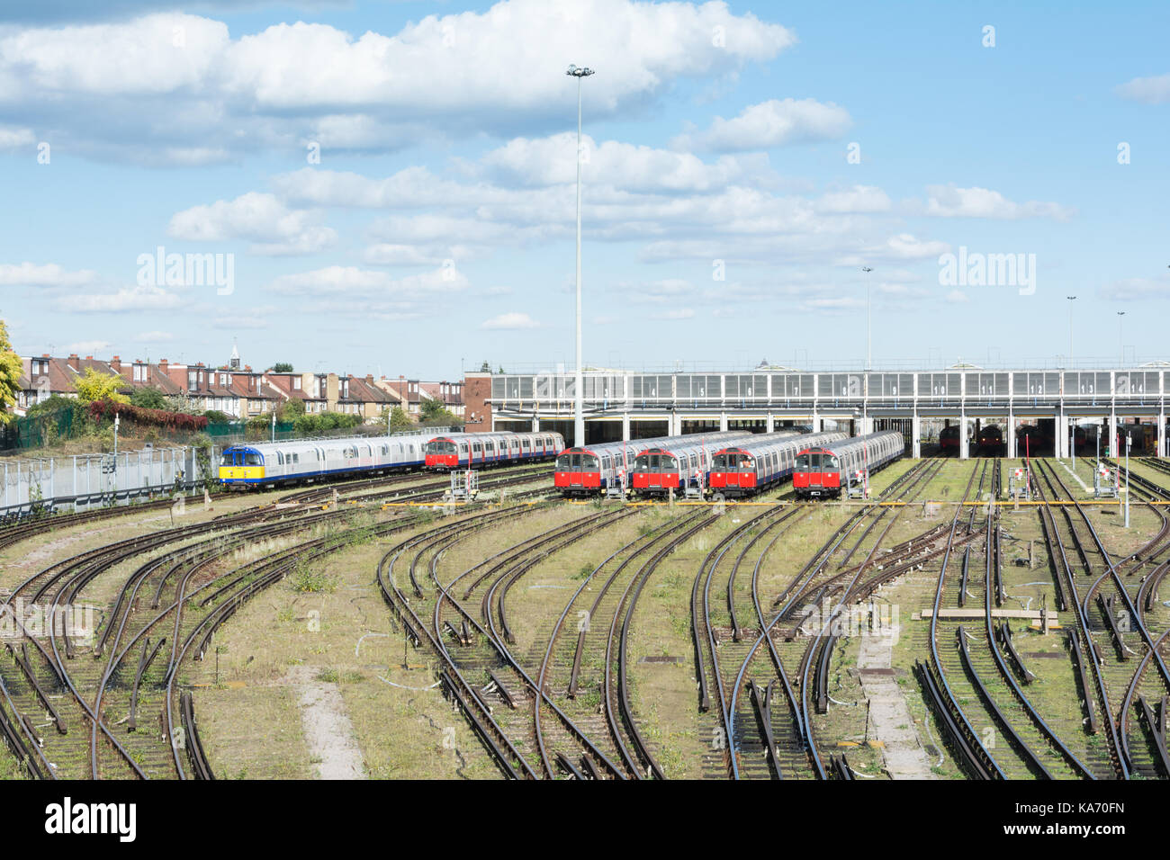 London underground trains outside Northfields Maintenance Depot, London ...