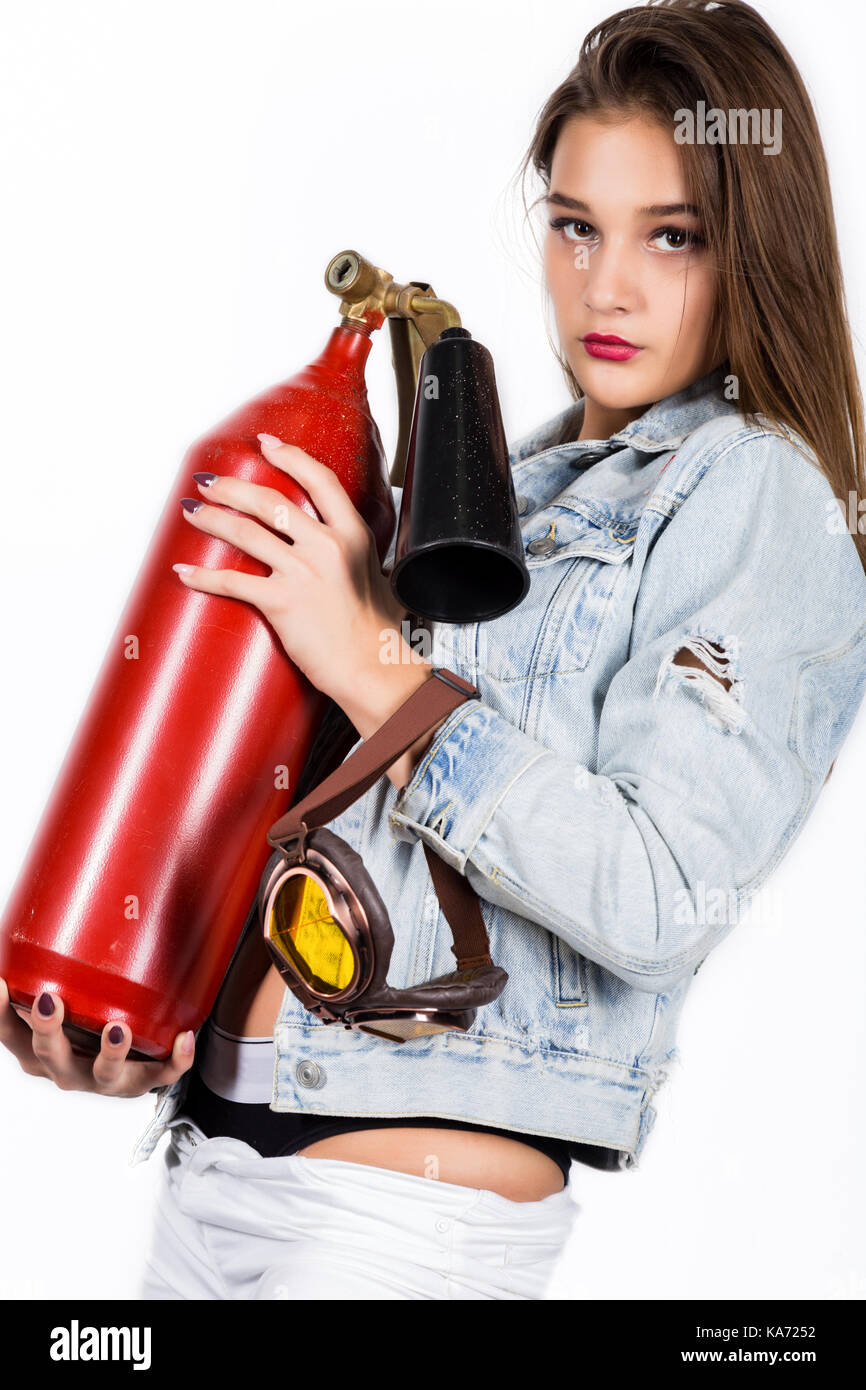 Sexy sensual female firefighter with a red fire extinguisher Stock ...
