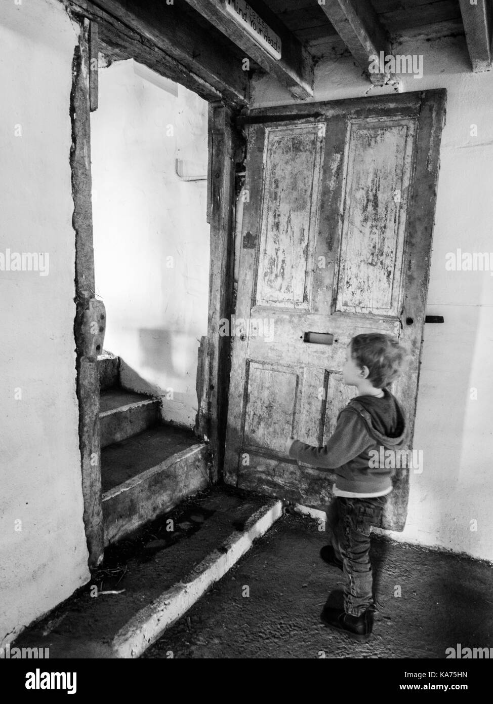 Hamish exploring the barns at Old Hall Farm, Bouth, Cumbria Stock Photo ...