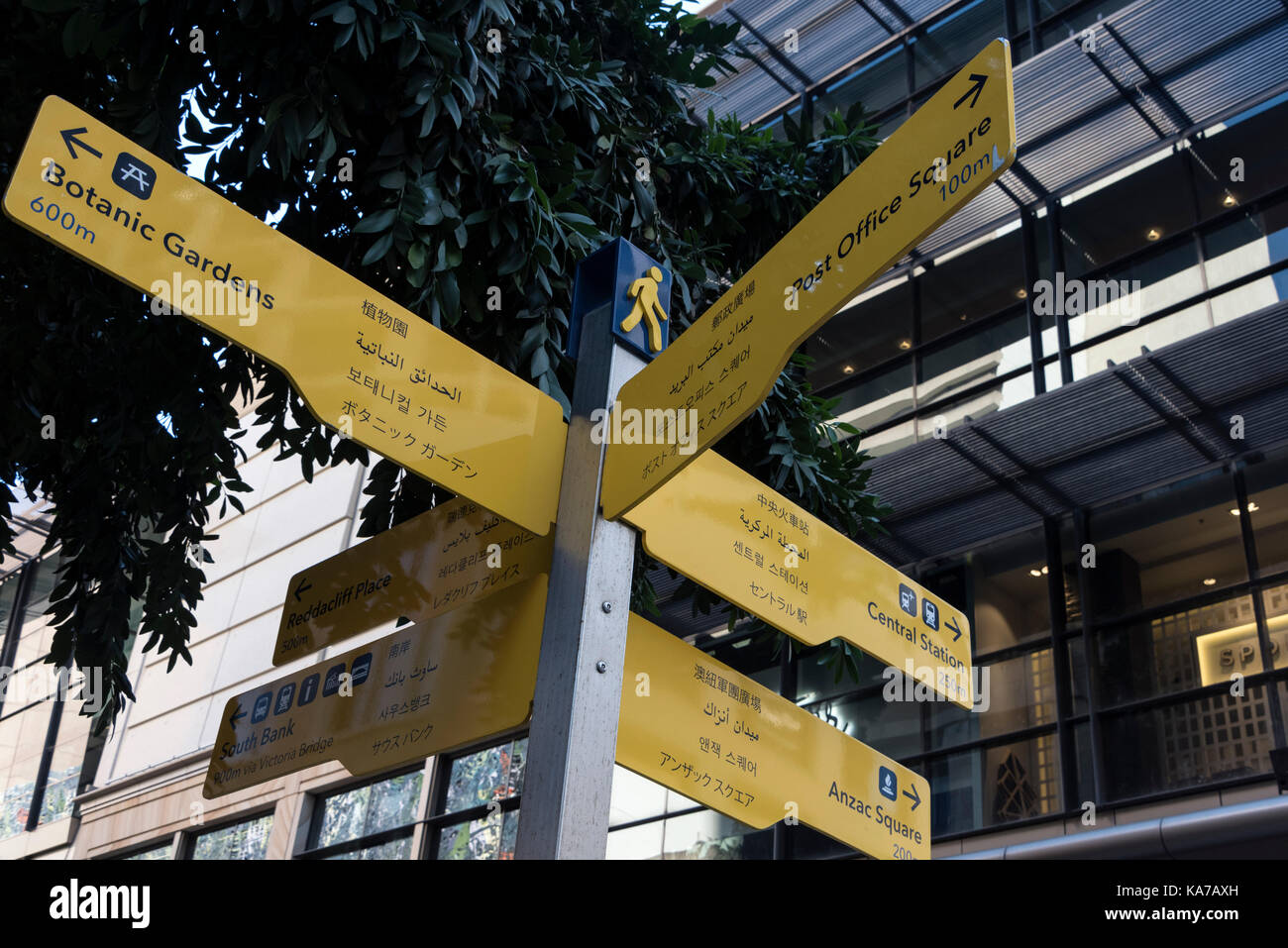 A visitors street sign is written in four languages in Brisbane ...