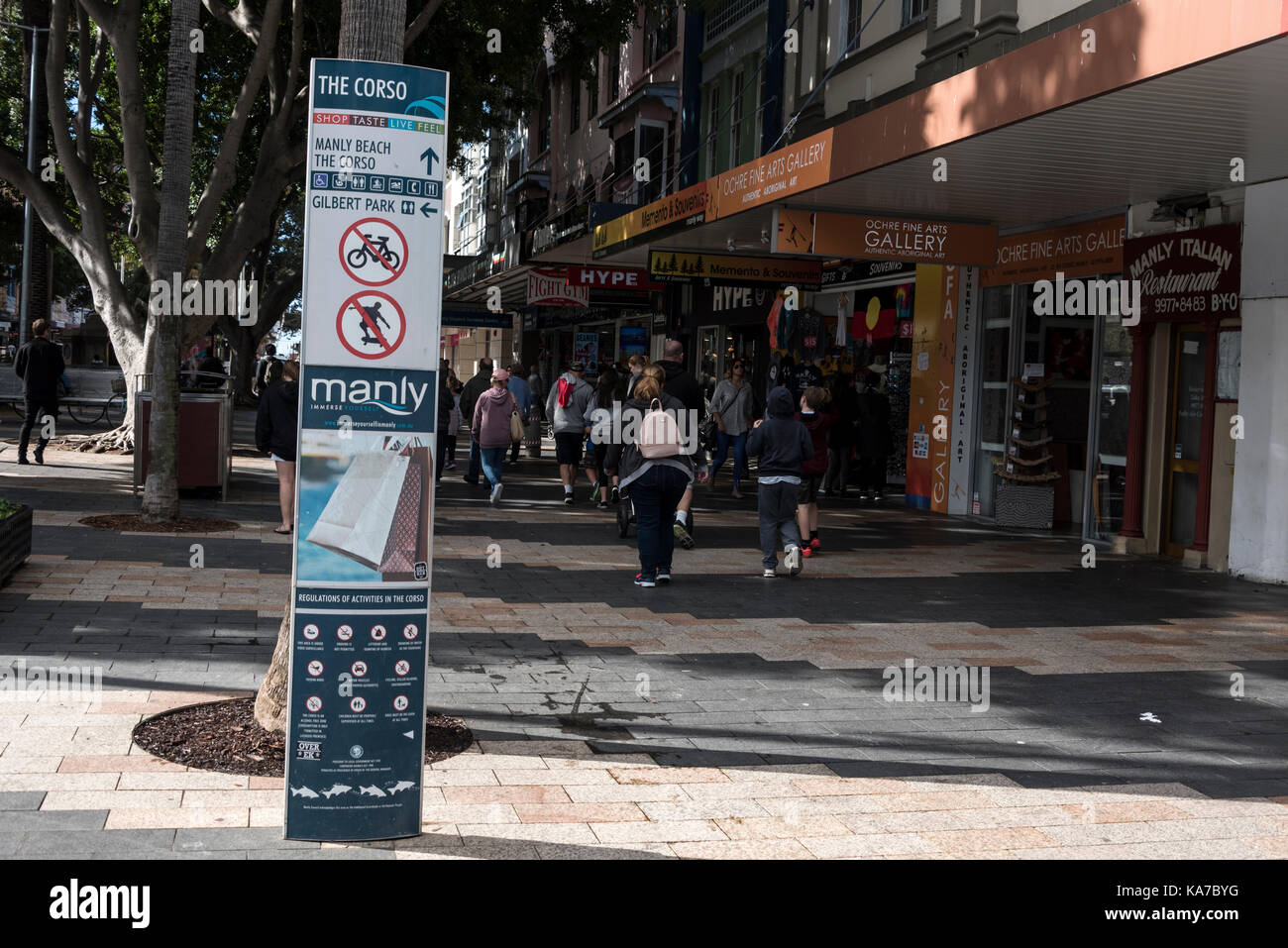 A street sign showing a list of restricted activities in The Corso, a ...