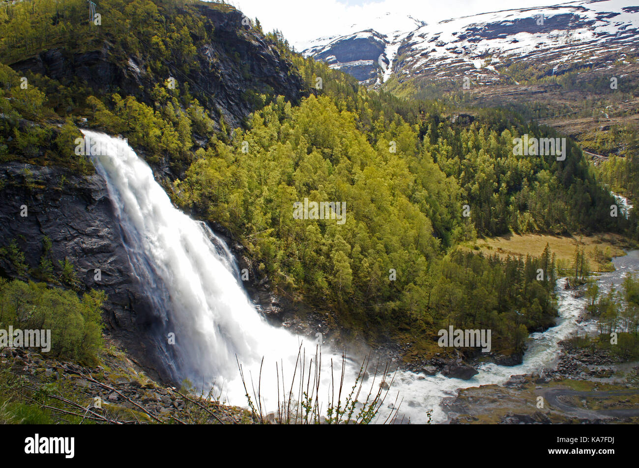 Fossen Bratte waterfall in Samnanger, Hordaland, Norway surrounded by ...