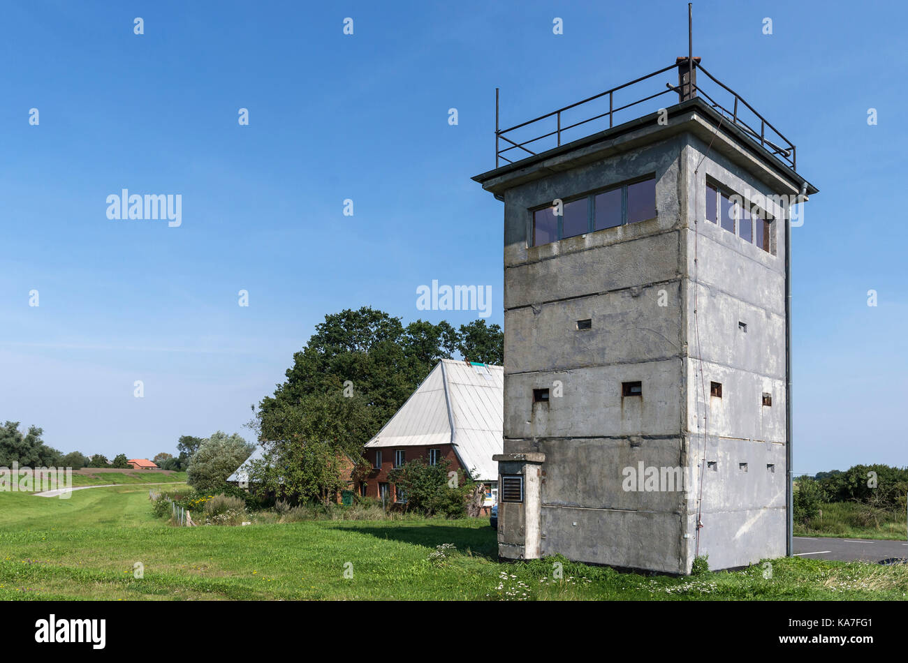 Historical border tower of the GDR, watchtower at the river Elbe, near ...