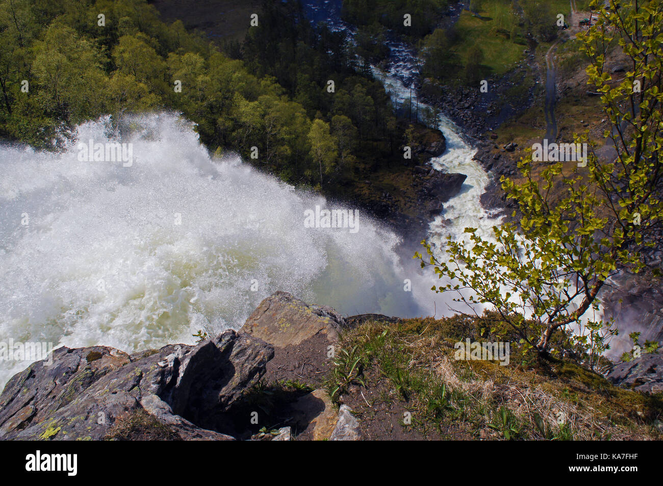 Top view of Fossen Bratte waterfall in Samnanger, Hordaland, Norway ...