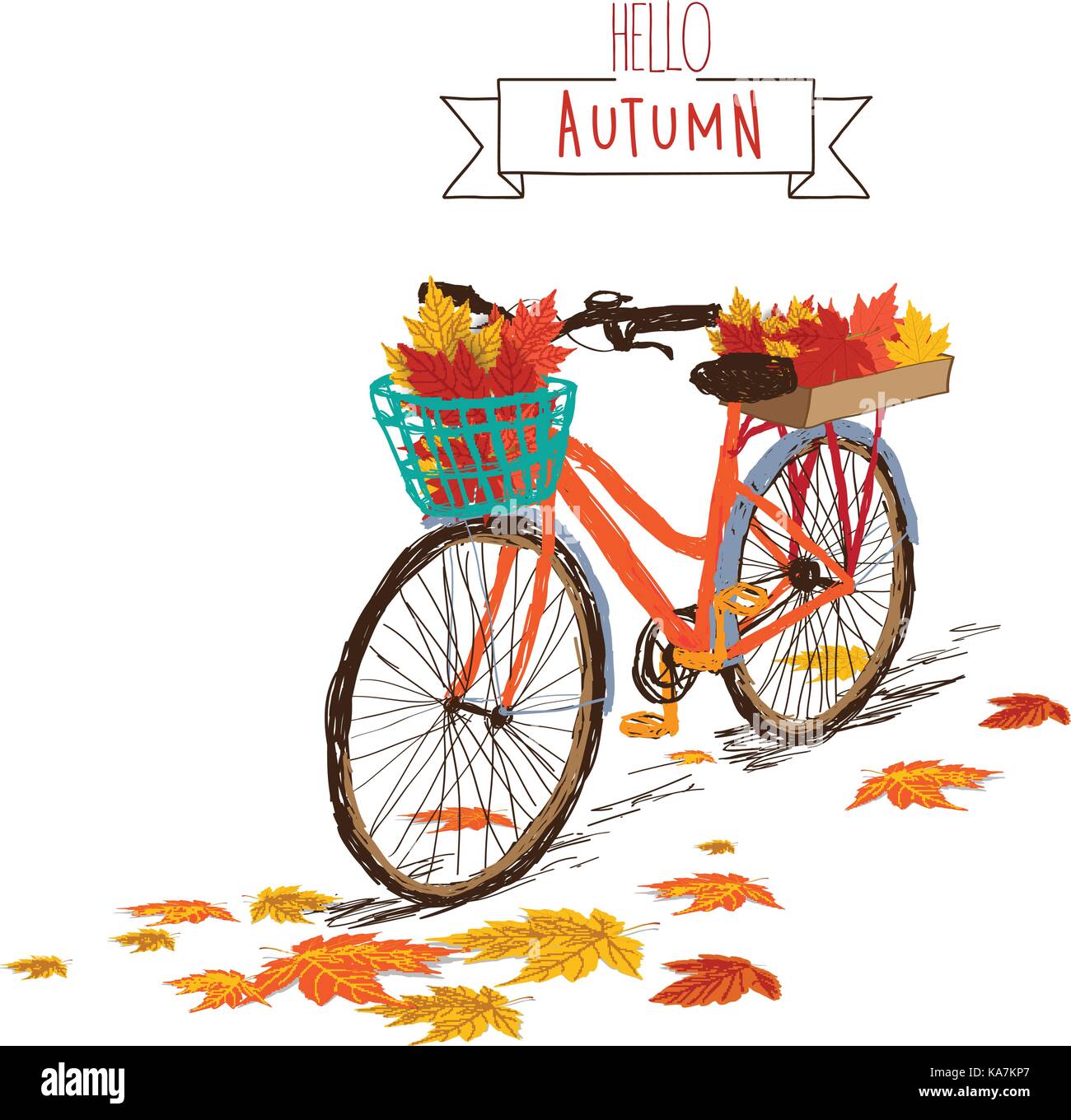 Hello autumn. Hand drawn tintage bicycle with autumn leaves in rear ...