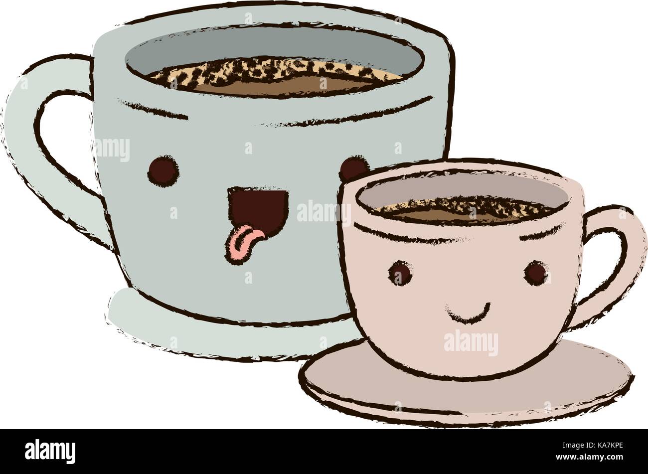 set big and small cup of coffee colorful kawaii blurred silhouette ...