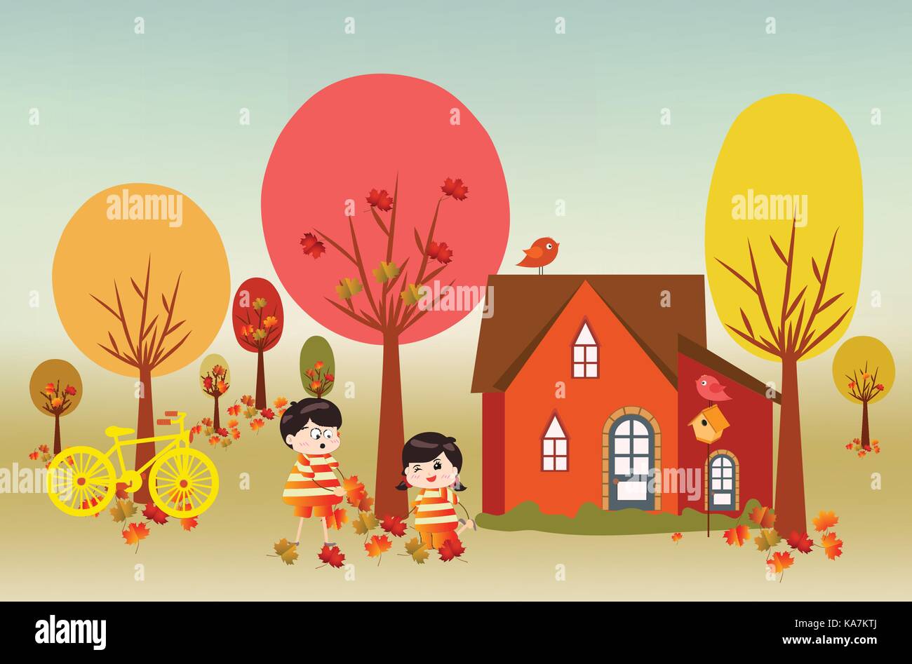 Hello autumn funny kids of a forest in autumn with leaves falling Stock ...