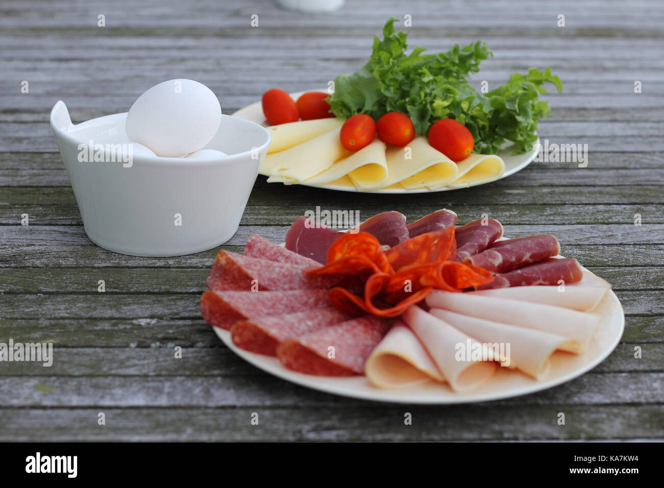 Healthy breakfast with cold cuts and eggs, scandinavian style Stock ...