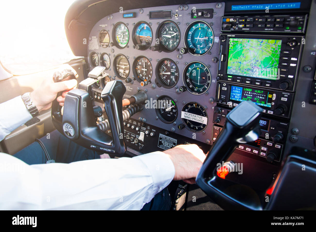 PRAGUE, CZECH REPUBLIC - 9.09.2017: Hand of pilot on handwheel in small ...