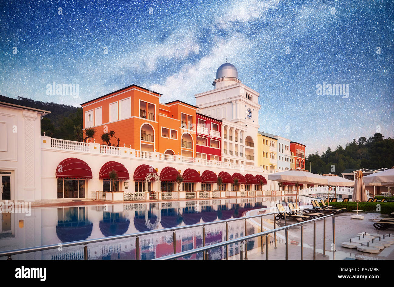 TEKIROVA TURKEY - APRIL 25 2017: Swimming pool and beach of luxury ...