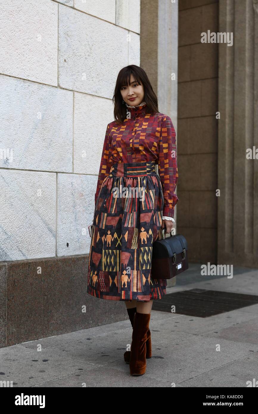 Saeko Dokyu posing outside of the Stella Jean runway show during Milan ...