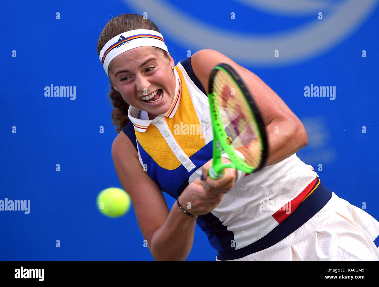 Wuhan, China. 26th Sep, 2017. Jelena Ostapenko of Latvia returns the ...