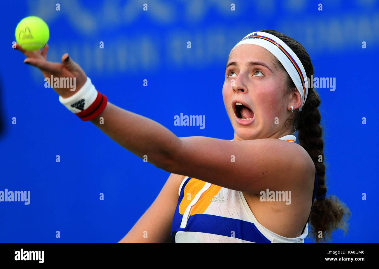 Wuhan, China. 26th Sep, 2017. Jelena Ostapenko of Latvia serves during ...