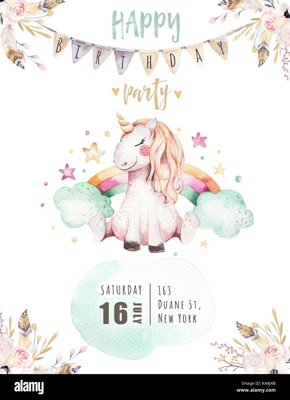 Isolated cute watercolor unicorn invitation card. Nursery unicorns ...