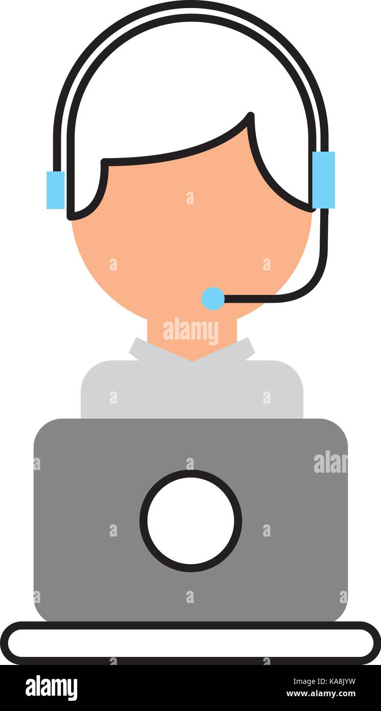 operator of call center office working in headphones with mic at her ...