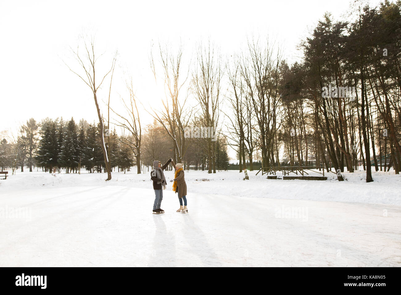 Senior couple in sunny winter nature ice skating Stock Photo - Alamy