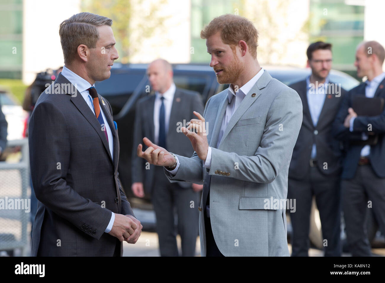 Prince Harry, with Michael Burns, CEO of the Invictus Games, arriving ...