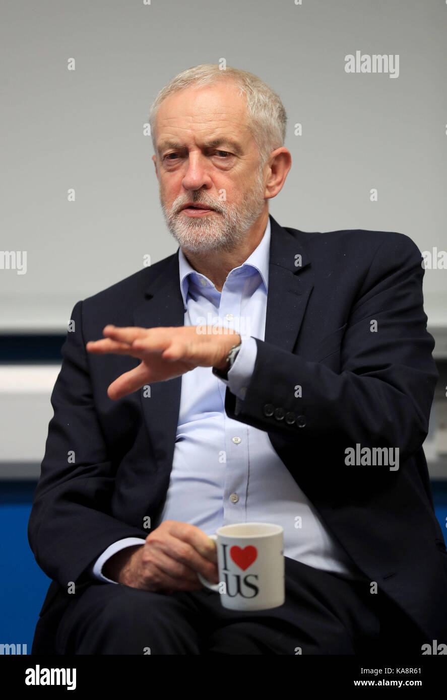 Labour leader Jeremy Corbyn drinks a cup of tea as he meets students on ...