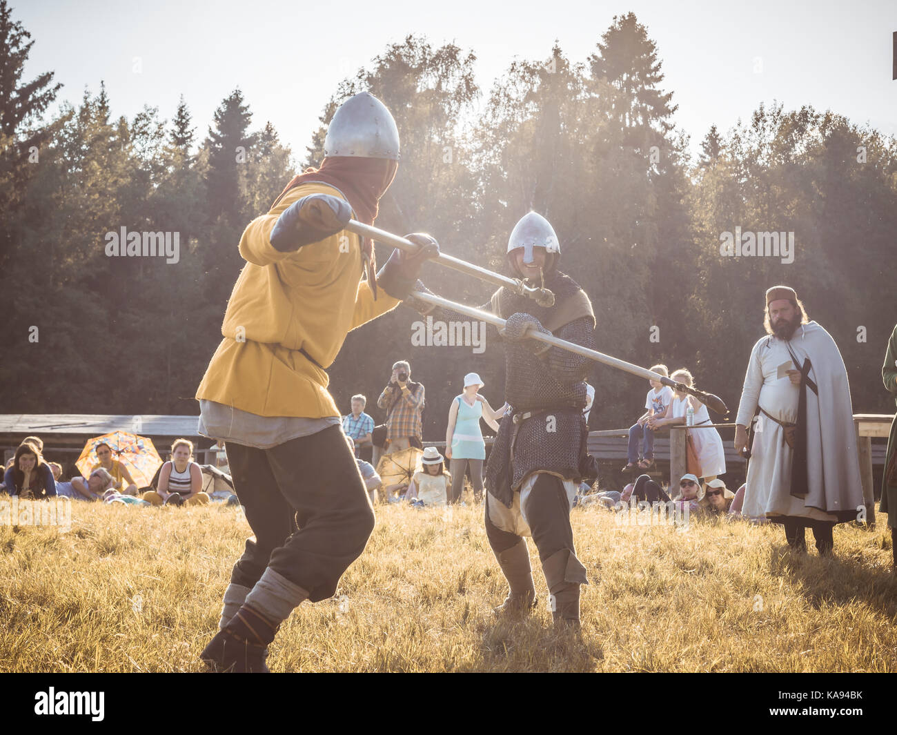 MOSCOW,RUSSIA-June 06,2016: Martial duel of two medieval spearman ...