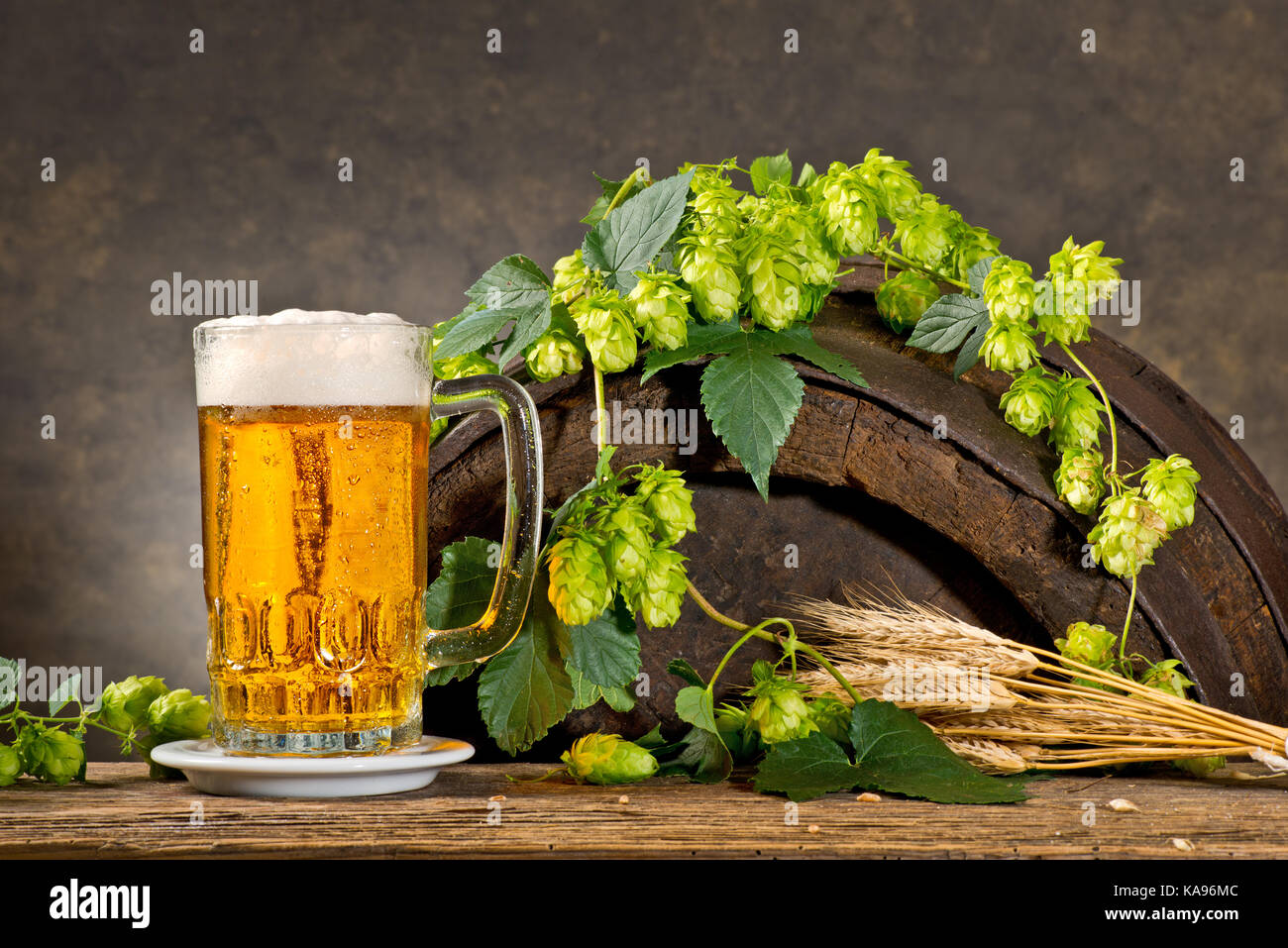Still life with Hops, Beer and Barley Stock Photo - Alamy