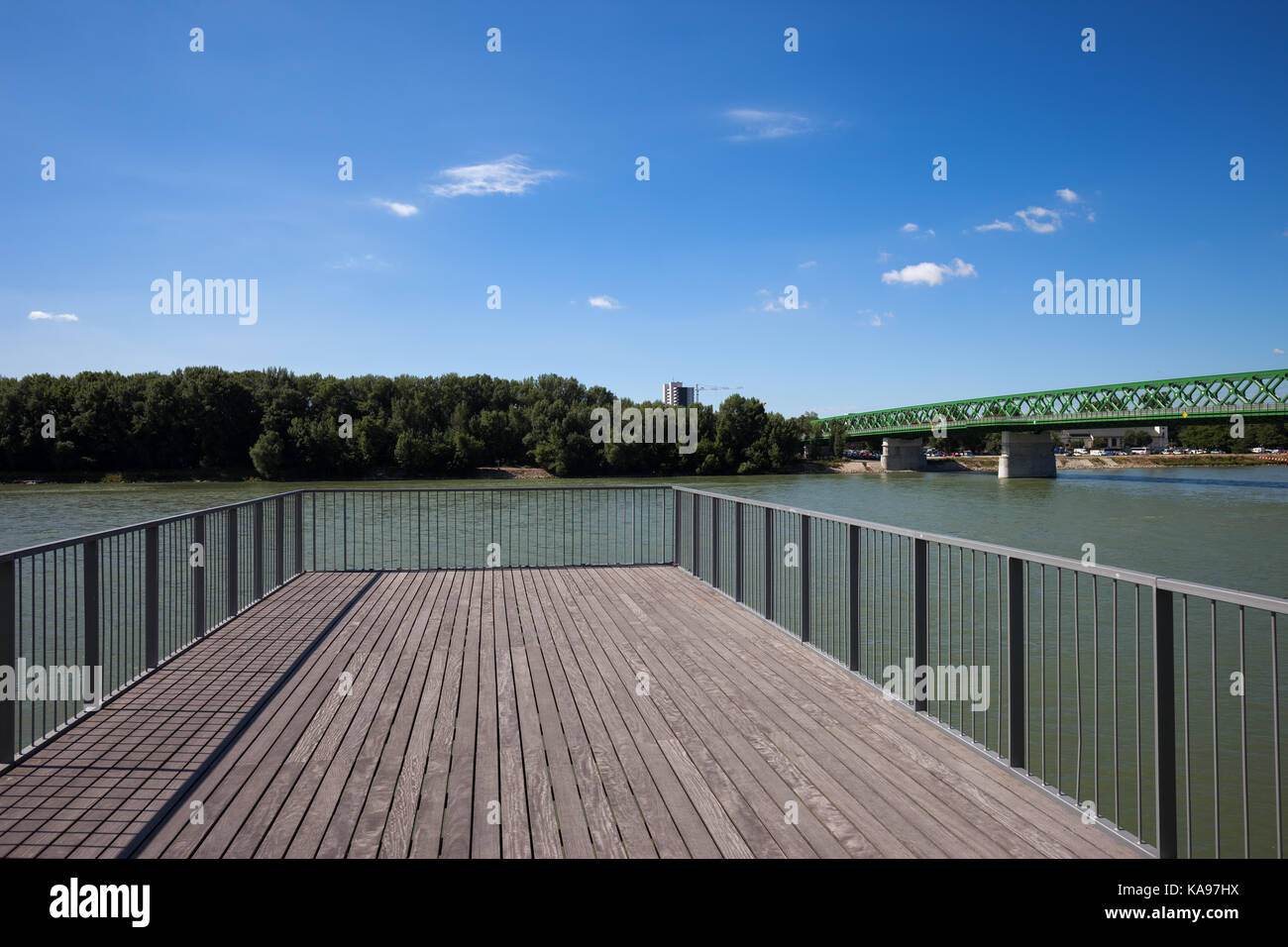 Slovakia, Bratislava, wooden viewpoint platform on Danube River, Stary ...