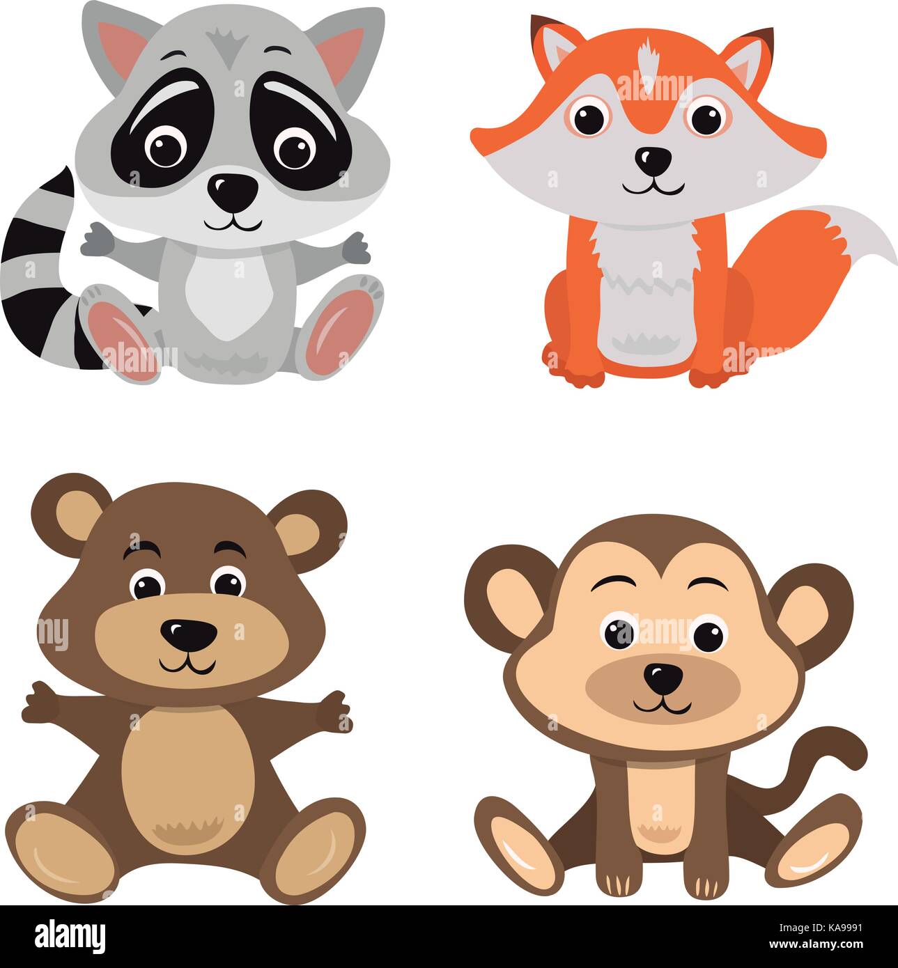 Cartoon illustration of seven baby animals racoon, fox, bear and monkey ...