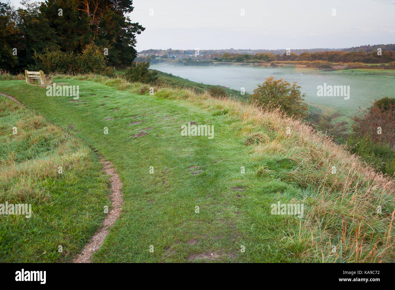 Saxon walls with misty common land in background, Wareham, Dorset Stock ...