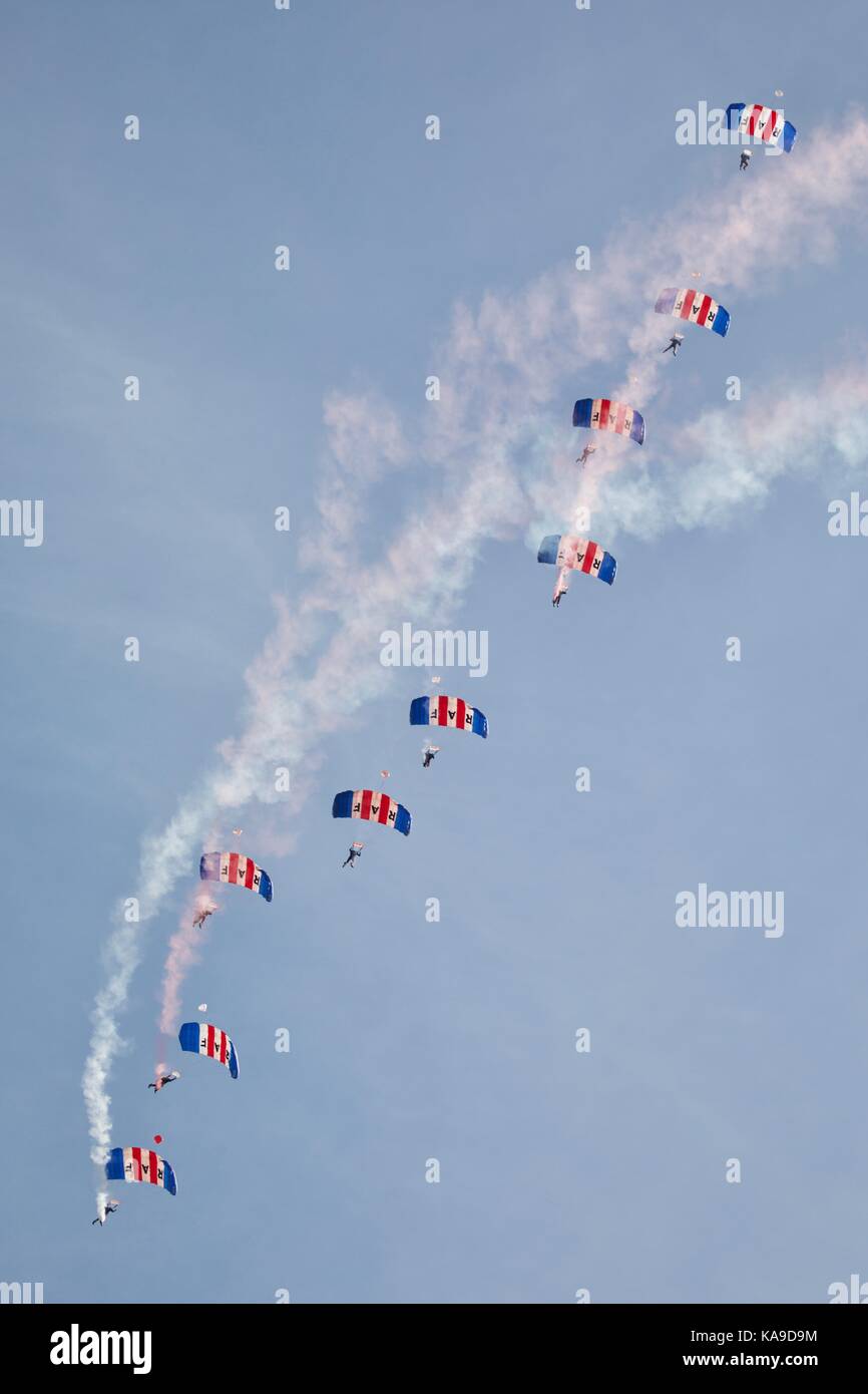 The RAF Falcons Parachute Display Team performing at Duxford Battle of ...