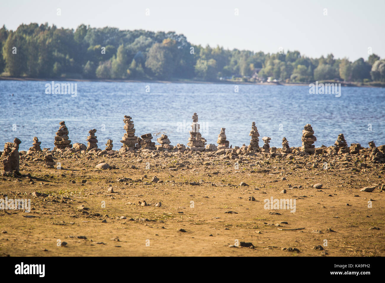 Sunny riverside landscape of a dried river bed and rocks. Stone ...