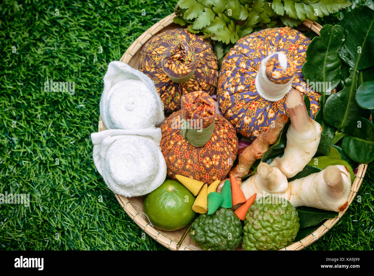 Herbal compress ball and ingredients herb for Thai spa treatment Stock ...