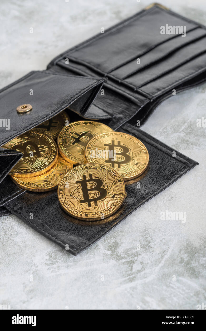Gold Bitcoins spilling from black billfold wallet. For Bitcoin wallet ...