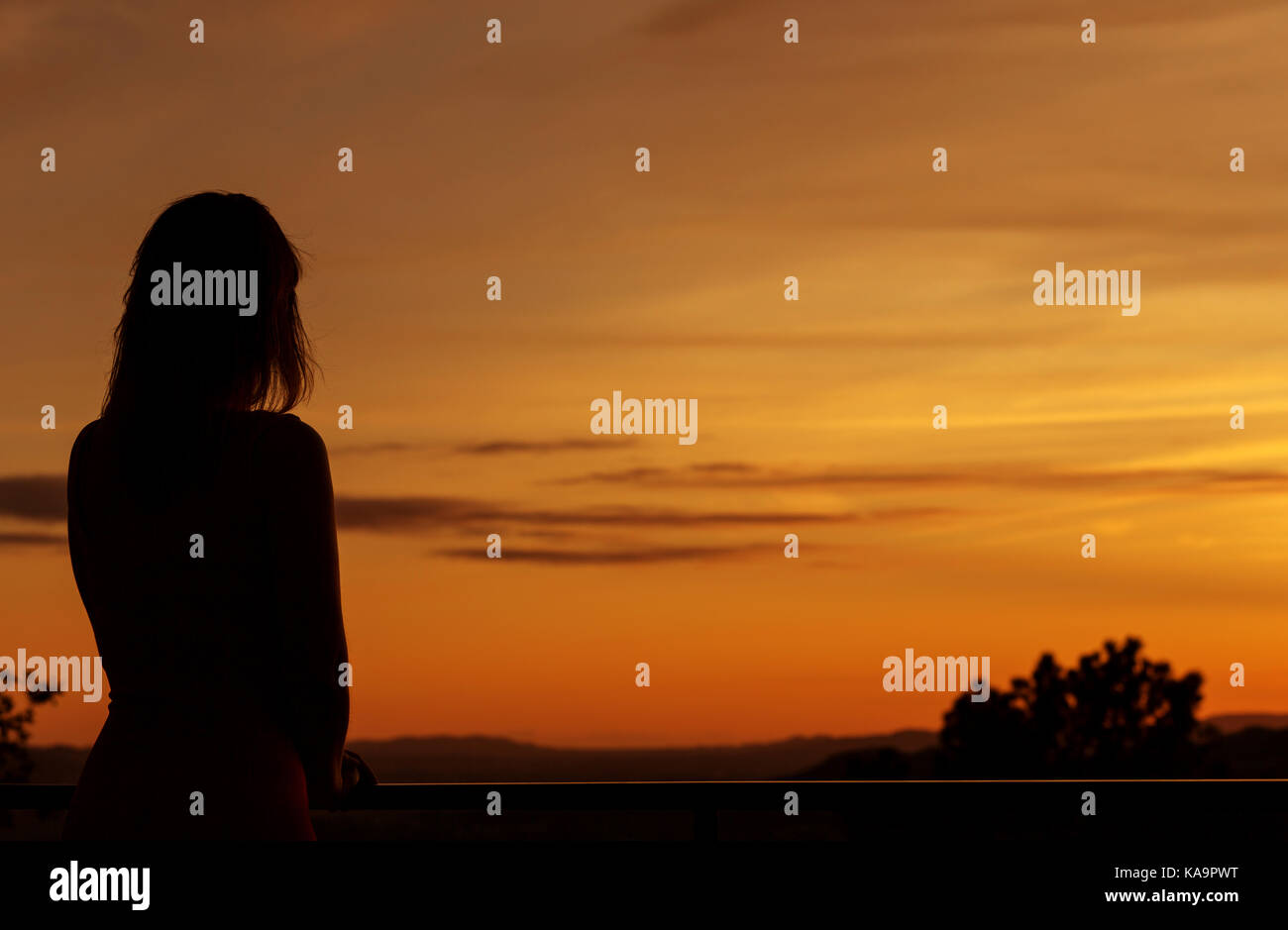 young woman from the back, looking at the sunset Stock Photo - Alamy