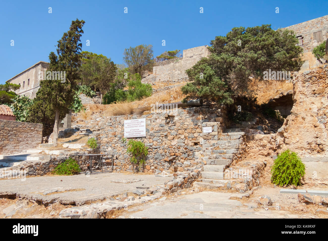 Ruins of the former leper colony. Island of Spinalonga (Kalydon), Crete ...