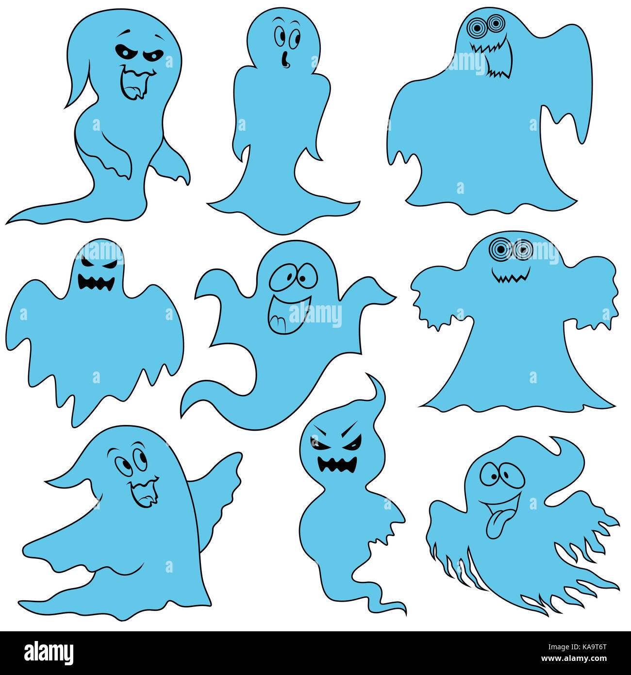 Set of nine funny blue ghosts with various characters isolated on a ...