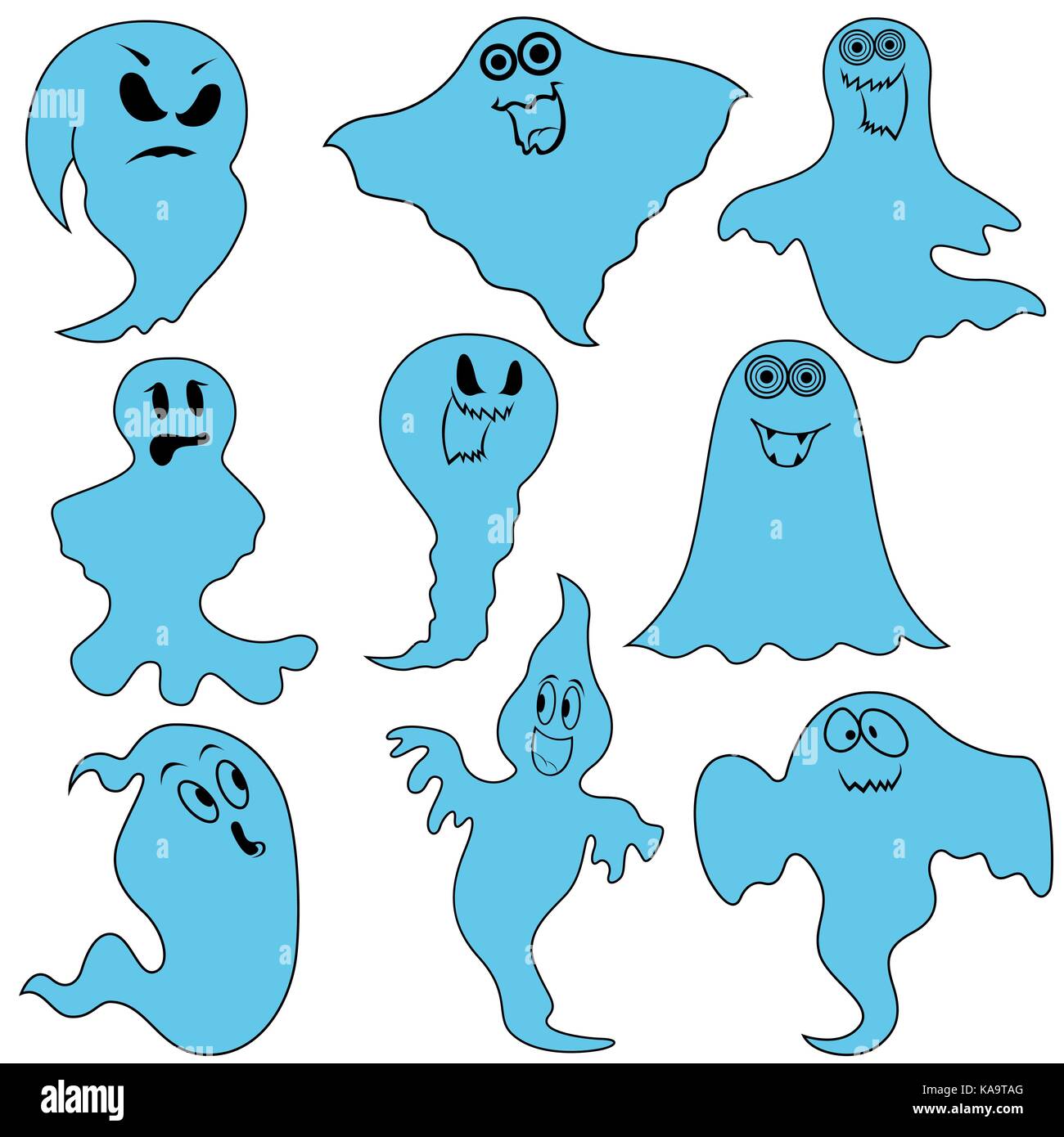 Set of nine amusing blue ghosts with various characters isolated on a ...