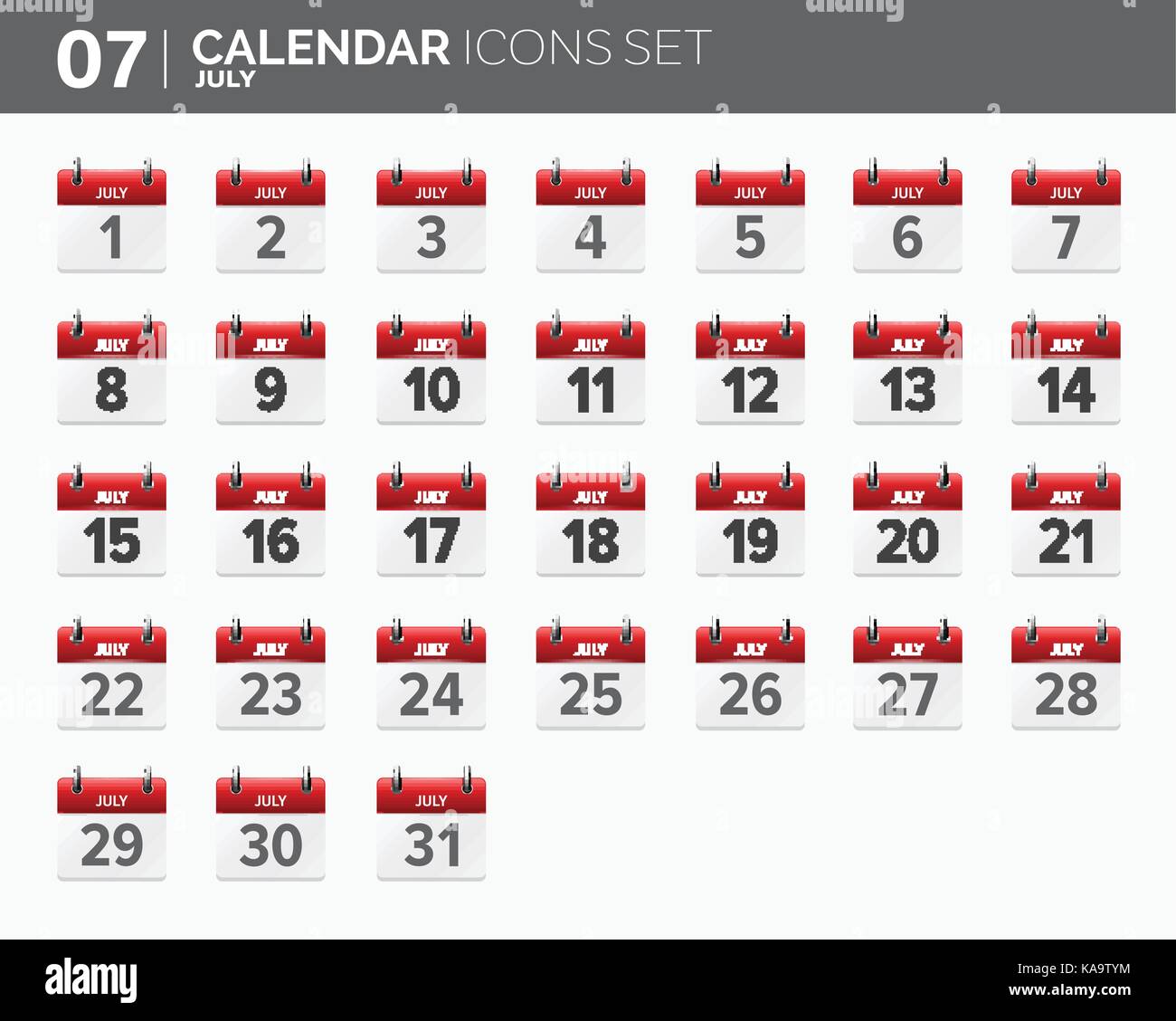 July. Calendar icons set. Date and time. 2018 year Stock Vector Image ...