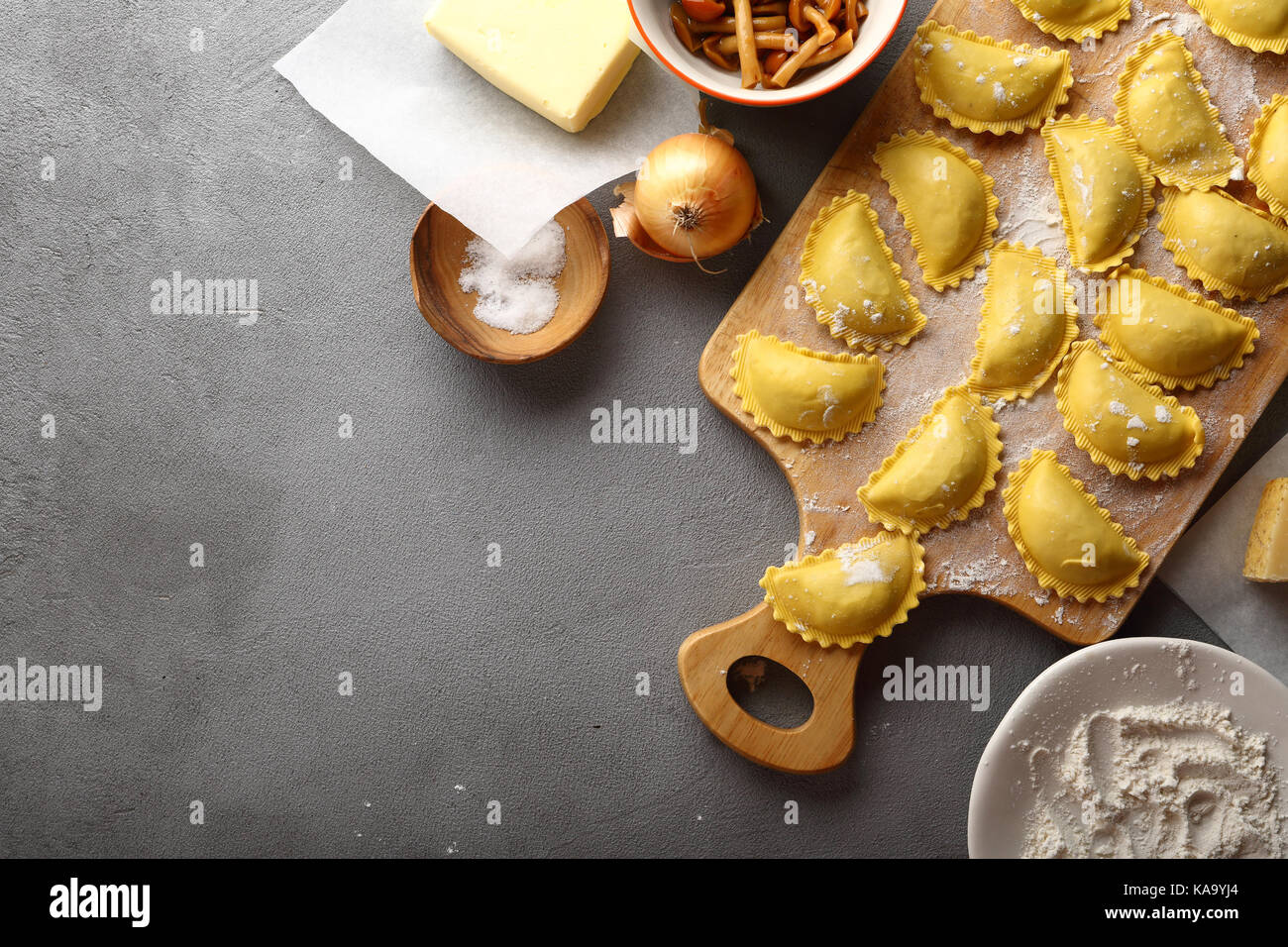 Cooking ravioli background, food top view Stock Photo - Alamy