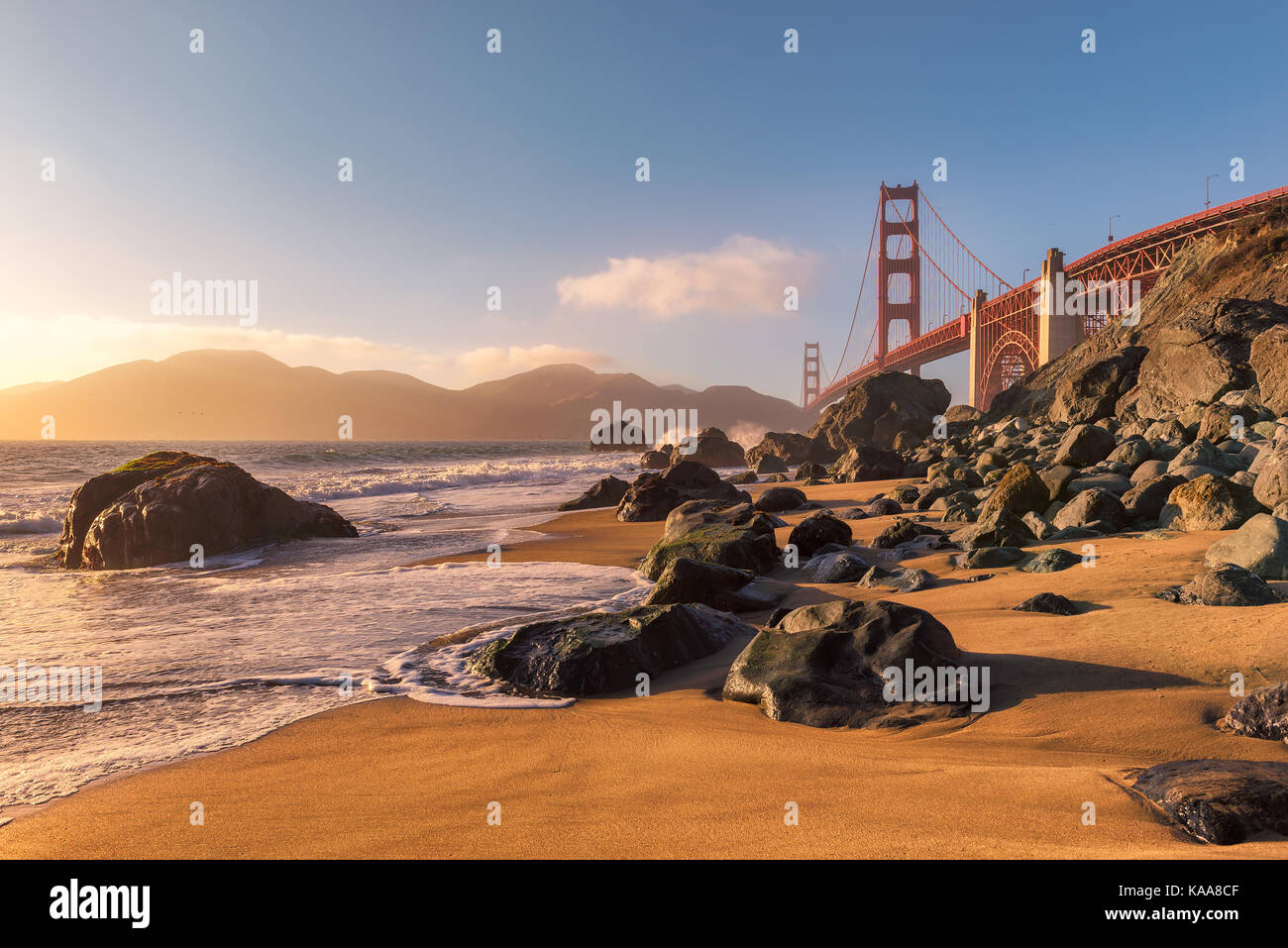 Golden Gate Bridge from the beach in San Francisco at sunset Stock ...