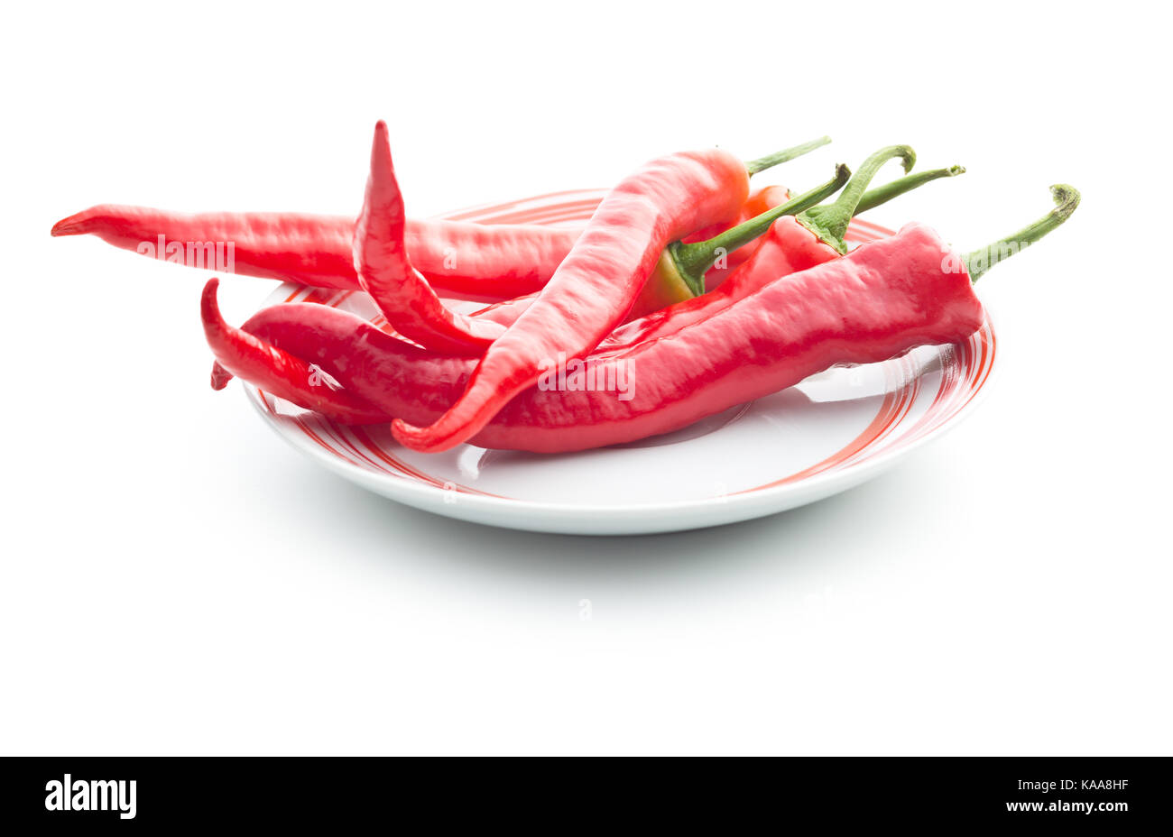 Red chili peppers on plate isolated on white background Stock Photo - Alamy