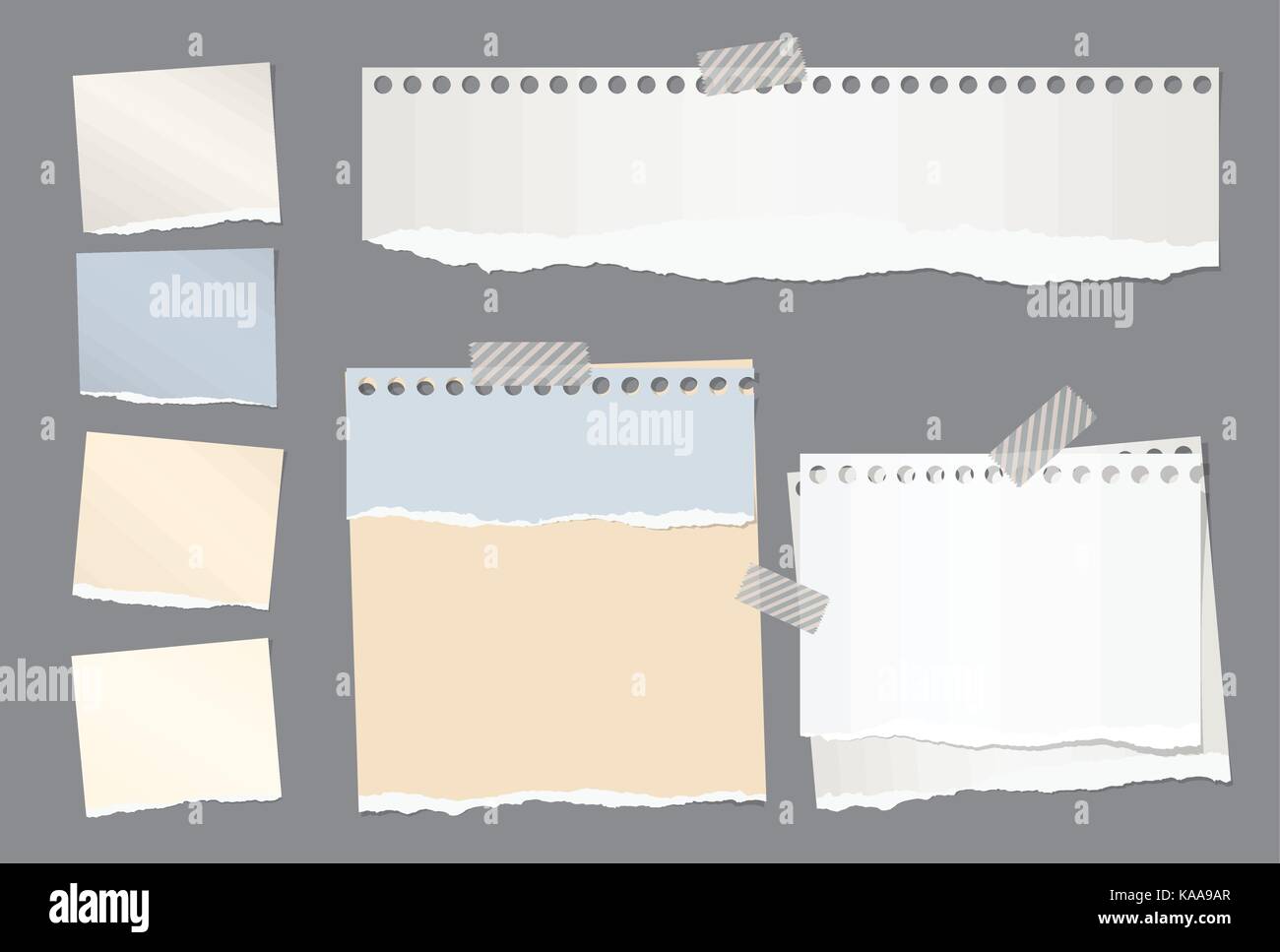 Ripped note, notebook, copybook paper stuck on gray background Stock ...