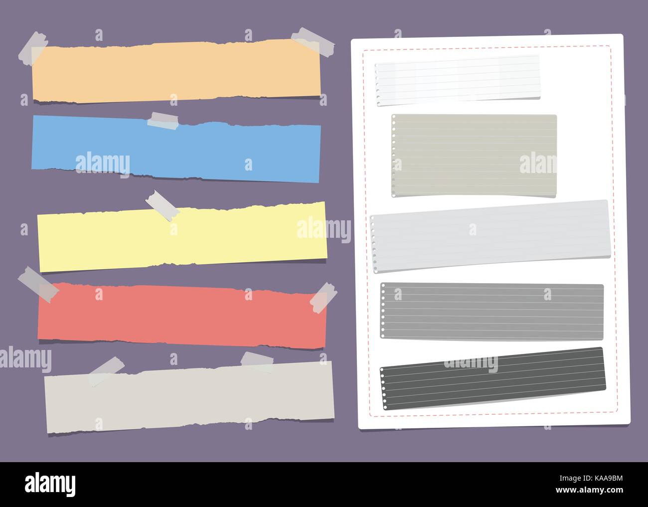 Ripped colorful note, notebook, copybook paper stuck on purple ...