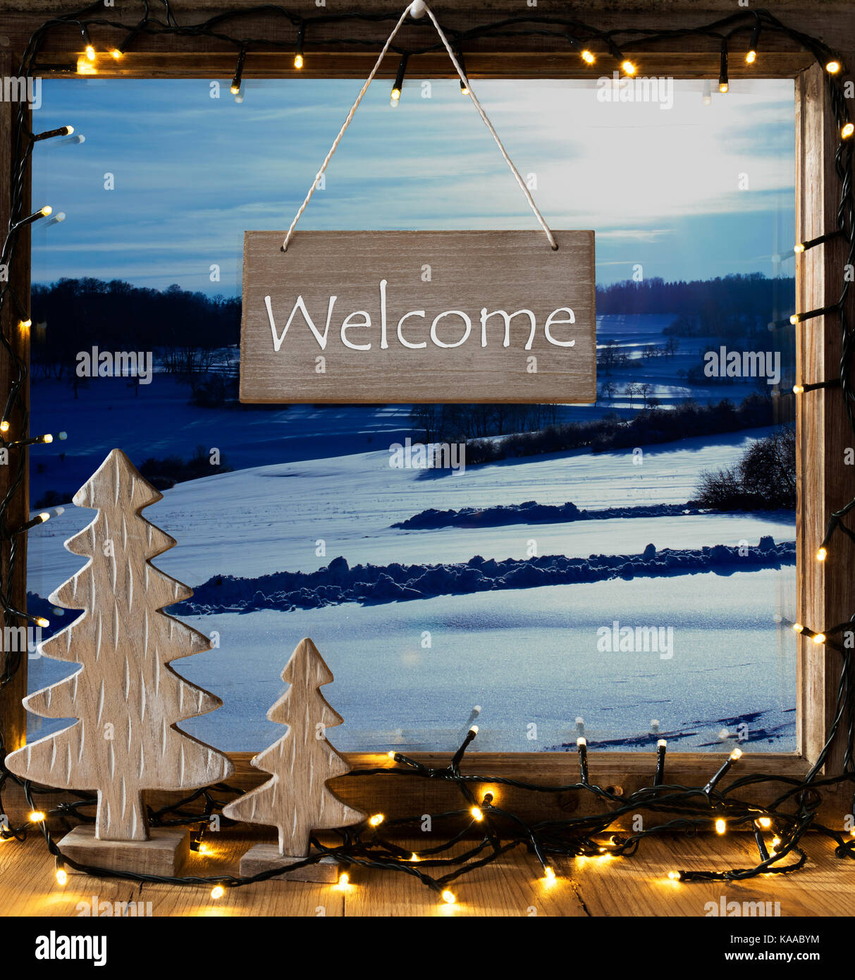 Window, Winter Landscape, Text Welcome Stock Photo - Alamy